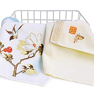 Kissvian 2-Pack Pure Cotton Square Face Towel Hand Towels, Chinese Style Imperial Garden Pattern Facial Cleansing Cloths, Ultra Soft and Gentle Washcloths for Bathroom, Size 14.5" x 14.5".