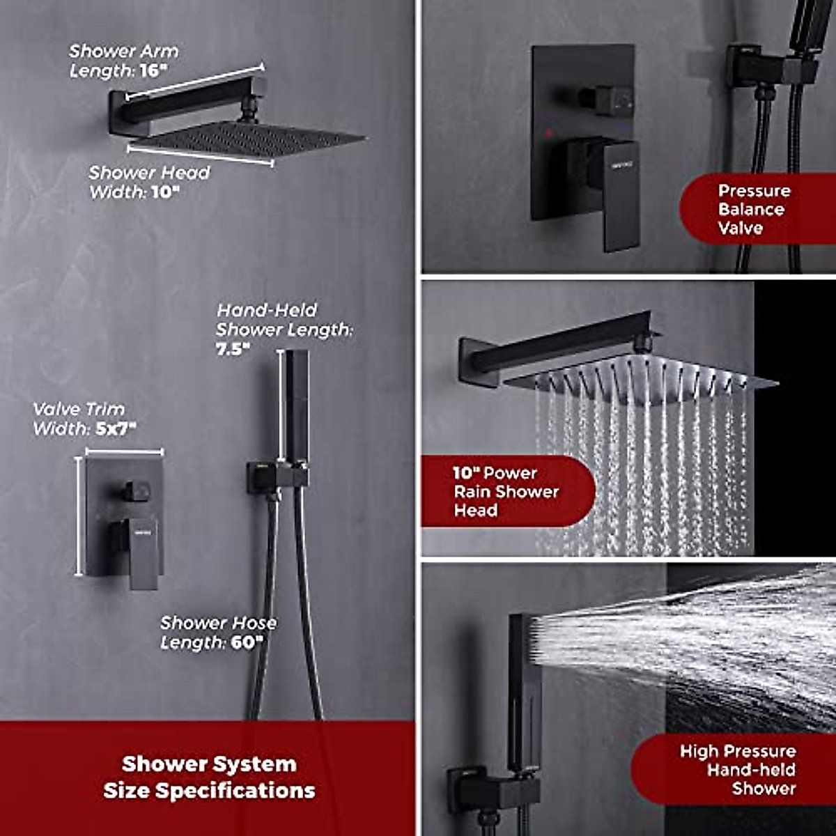 VANFOXLE Shower Faucets Sets Complete Matte Black Shower System 10 inches Rainfall Shower Head with 2 in 1 Handheld, Modern Shower Faucet Fixture Combo Set Rough-in Valve Body and Trim Included
