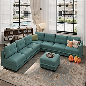 LLappuil Modular Sectional Sofa, Convertible L Shaped Sectional Couch with Storage, Faux Leather Fabric, Modular Sectionals with Chaise, 7 Seats with Ottoman Sofas for Living Room, Aqua Blue