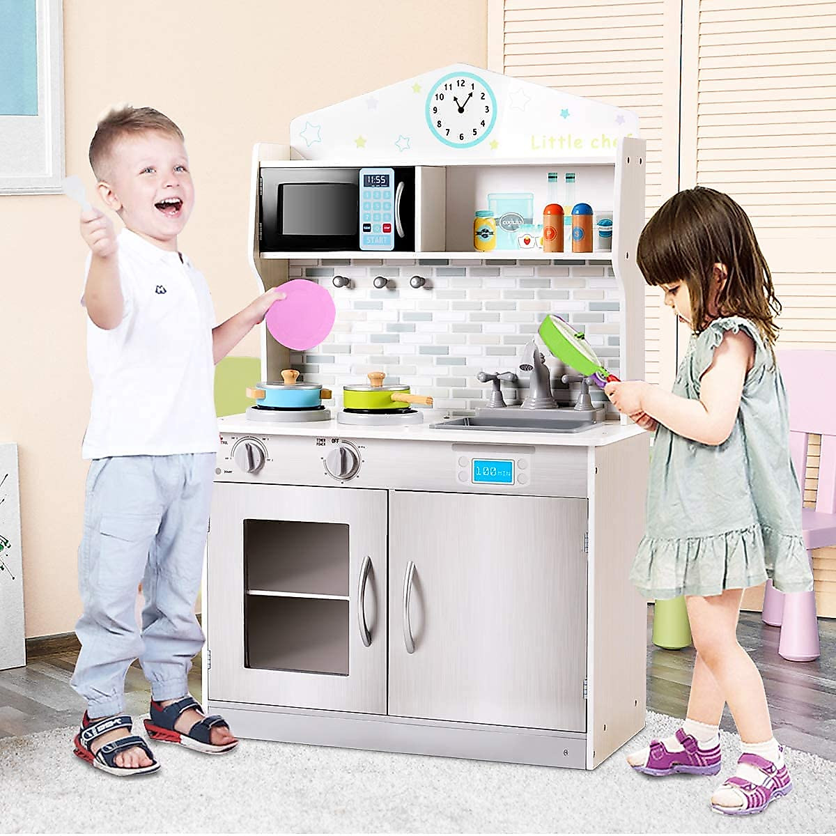 Fireflowery Kids Kitchen Playset, Wooden Cookware Set with Removable Sink, Microwave, Pegs on The Wall, Top Display Shelf, Play Kitchen for Toddlers 3+ (White)