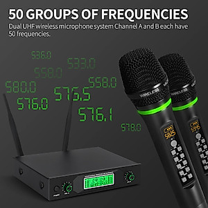 XTUGA Wireless Microphone System 50 Frequencies Rechargable Dual Mental Cordless Dynamic Microphone Set, 290ft, Echo,Treble,Bass for DJ/Church/Karaoke/Wedding/Party Home KTV Set