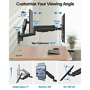 MOUNTUP Dual Monitor Wall Mount for 2 Max 32 Inch Computer Screen, Fully Adjustable Gas Spring Double Monitor Arm, Wall Mounted Monitor Holder Support 2.2-17.6lbs Display, VESA Bracket 75x75, 100x100