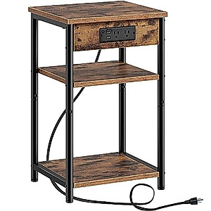 Rolanstar End Table with Charging Station, 3 Tier Slim Nightstand with Storage Shelf, Narrow Side Table with USB Ports & Power Outlets, Steel Frame for Living Room, Bedroom, Rustic Brown
