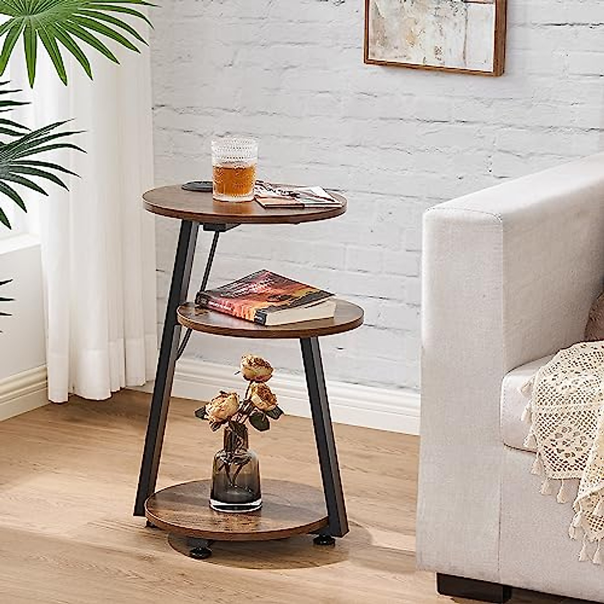 BEWISHOME Round End Table with Charging Station, Side Table Accent Table Nightstand Bedside Table with 3-Tier Shelves, Small Table for Living Room Bedroom Couch Table Coffee Table Rustic Brown KTZ51Z