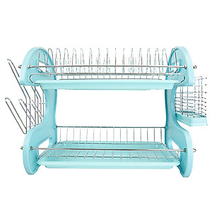 Home Basics 2 Tier Dish Drainer (Turquoise) Dish Rack for Kitchen Counter, with Cutlery Holder and Cup Slots