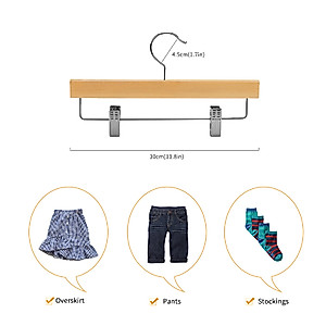 Nature Smile 11.8'' Kids Baby Toddler Children Solid Wooden Pants Hangers,Wood Skirts Hangers,Trousers Bottom Hangers with 2-Adjustable Clips Anti-Rust Hook Pack of 10 (Natural)
