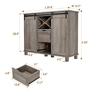 HOSTACK Farmhouse Buffet Sideboard, Coffee Bar Cabinet with Storage, Liquor Wine Cabinet with Sliding Barn Doors, Accent Storage Cabinet for Kitchen, Ash Grey