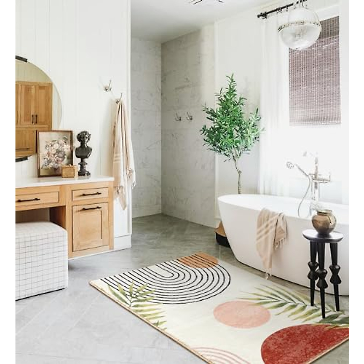 RoomTalks Boho Cute Bathroom Rugs Bath Mat Non Slip Washable, Modern Abstract Geometric Shape with Tropical Leaves 2x3 Small Area Rug for Bedroom Kitchen, Neutral Contemporary Retro Indoor Entry Rug