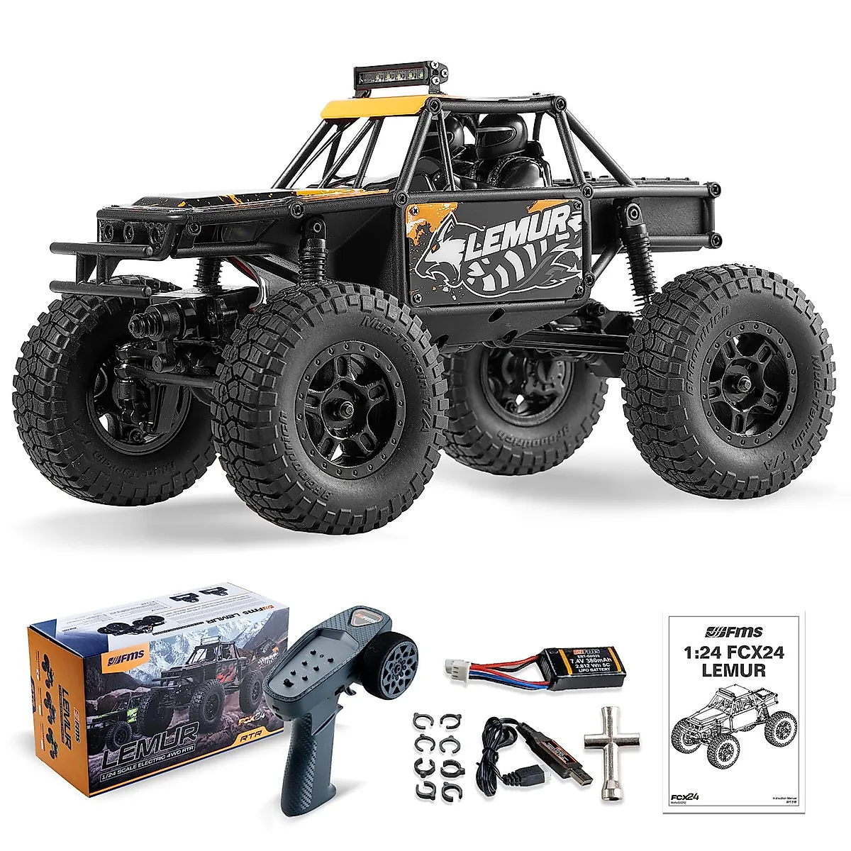 FMS RC Crawler 1/24 Lemur FCX24 4 Wheel Drive RC Rock Buggy, 2.4Ghz 380mAh Hobby Grade RC Car Model Off Road Vehicle RTR for Adults, Green/Orange/Red