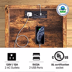 FABATO End Table with Charging Station Nightstands with Drawer and Fabric Bag Storage & USB Ports Narrow Sofa Side Table for Small Spaces with Metal Frame Living Room Bedroom, Rustic Brown