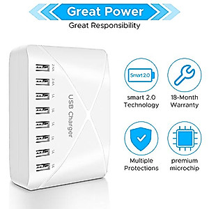 Ksing 8 Port USB Charging Station, 40W Home Desktop USB Fast Charger, Multiple USB Desktop Chargers, Suitable for Hotels, Shops, Schools, Shopping malls and Travel (UL Certification)（White）