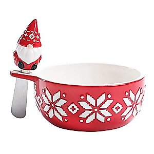 Bico Red Christmas Gnome Dip Bowl with Spreader, Handpainted Ceramic, Dishwasher Safe