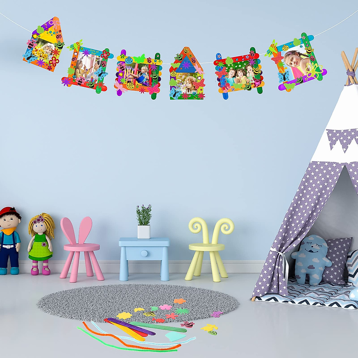 Gersoniel Picture 212 Pcs Frame Craft Kits for Kids Art DIY Photo Kit Include 100 Chenille Stems 2 Sheet Gems Stickers 50 Colored Craft Sticks 50 Foam Stickers for Party Favor Classroom(Spring Style)