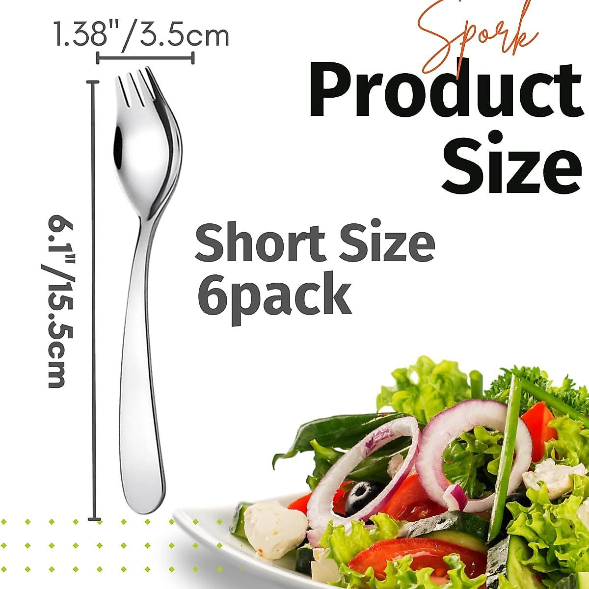 KAISHANE 6-Pack 18/10 Stainless Steel Sporks, 6.1-Inch, Multi-use Salad Fork & Dessert Spoon, Reusable Ice Cream & Fruit Utensils, Home, Camping, Travel, Easy Clean