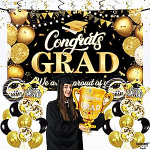 KatchOn, Graduation Decorations Class of 2023 Set - Big, Pack of 49 | Black and Gold Congrats Grad Banner, Graduation Balloons | Graduation Backdrop for Black and Gold Graduation Decorations 2023…