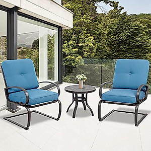SUNLEI Outdoor 3Pcs Patio Bistro Set Springs Motion Chairs and Bistro Round Table Set, Steel Frame Conversation Set Garden, and Backyard with Cushioned Seats(Peacock Blue)