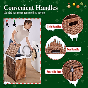 BKSFOAA Laundry Basket with lid, (26.4-Gallon)100L Wicker Laundry Hamper Foldable 2 Removable Liner Bags, Handwoven Rattan Laundry Baskets with Handles, ISO 9001:2015 - Factory Certified, Brown