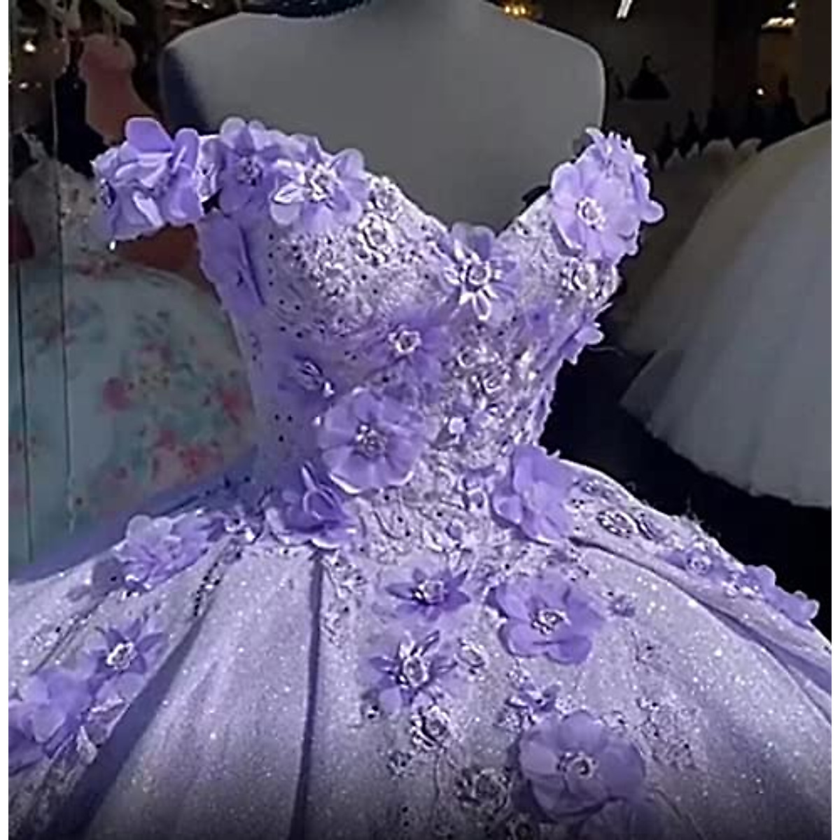 DKBridal Women‘s 3D Flowers Quinceanera Dresses Glittery Tulle Off The Shoulder Sweet 16 Dresses Royal Blue 24