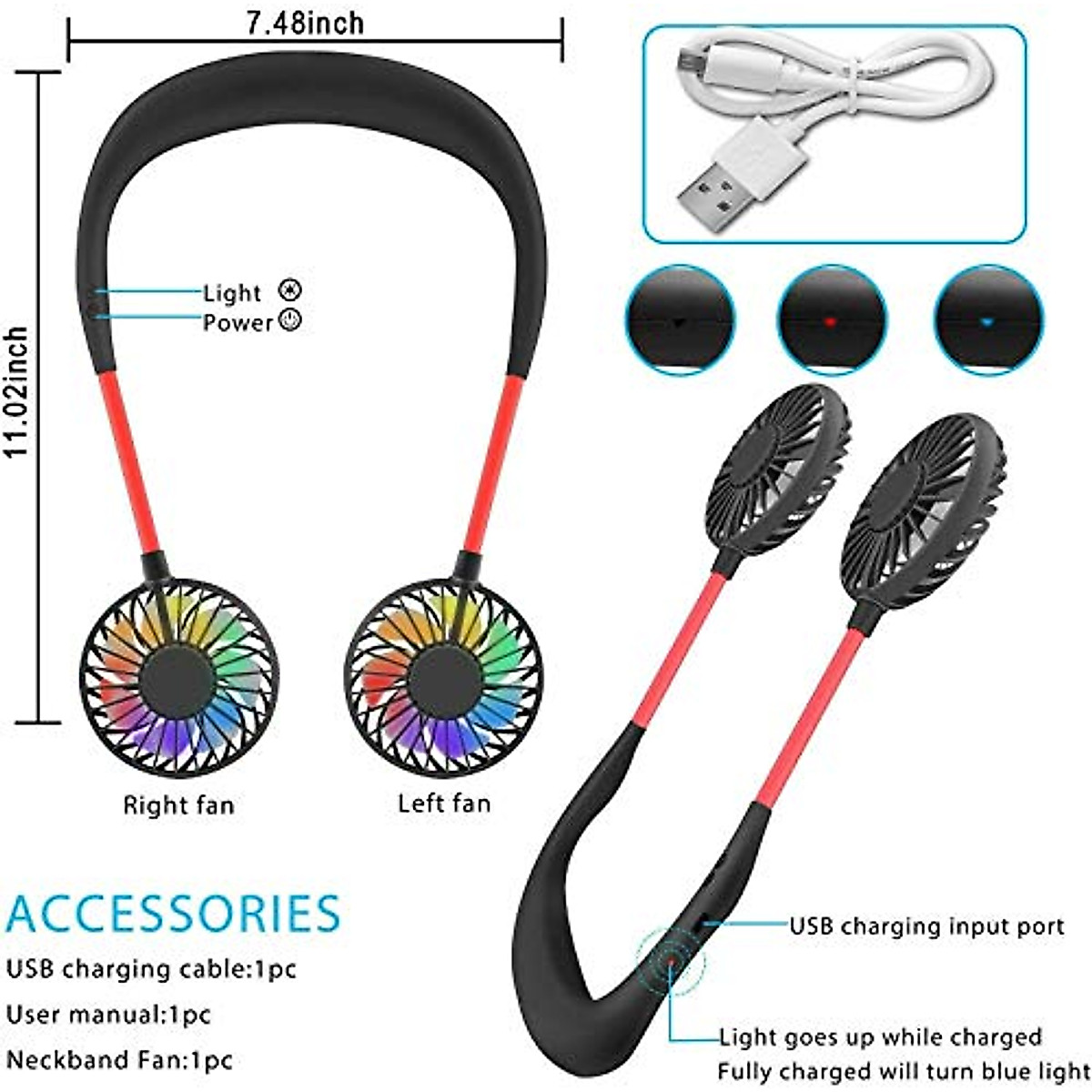 Portable Neck Fan - USB Rechargeable Fan with 3 Speeds Adjustable, Neck Fans Portable Rechargable Prime with LED Lights - Black