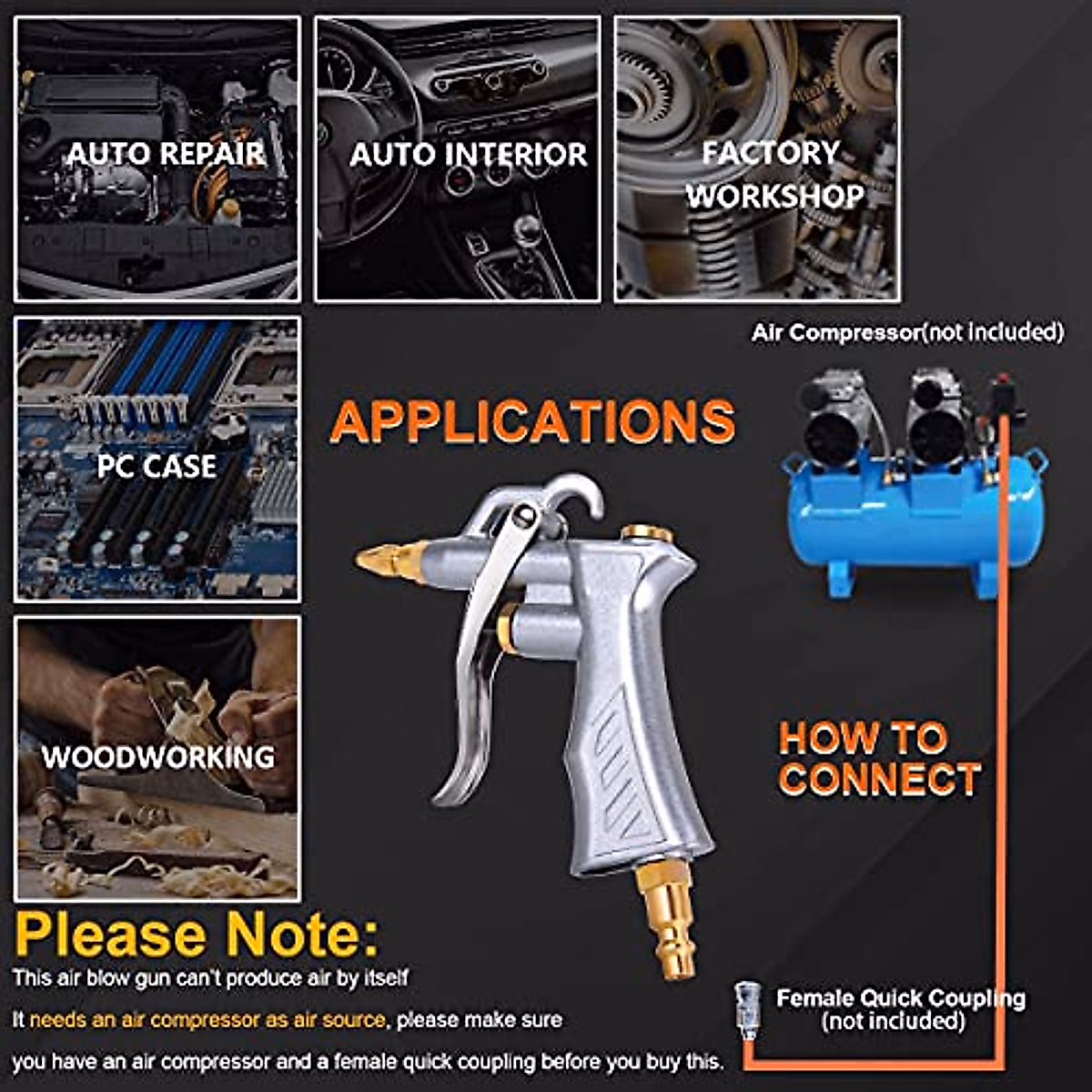 JASTIND Industrial Air Blow Gun with Brass Adjustable Air Flow Nozzle and 2 Steel Extension, Pneumatic Air Compressor Accessory Tool Dust Cleaning and Blower Gun