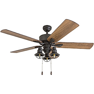 Prominence Home Sivan, 52 Inch Farmhouse LED Ceiling Fan with Light, Pull Chain, Three Mounting Options, 5 Dual Finish Blades, Reversible Motor - 50651-01 (Bronze)