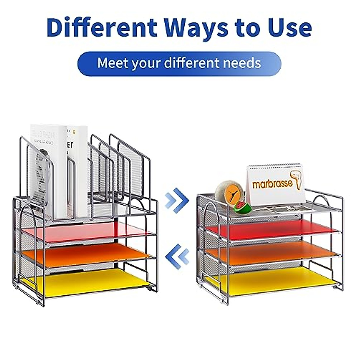 Marbrasse Mesh Desk Organizer, 4-Tier Mesh Desk File Organizer with 5 Vertical File Holders, Multifunction Desktop Organizer, Desk Organizers and Accessories for Home Office School,Grey