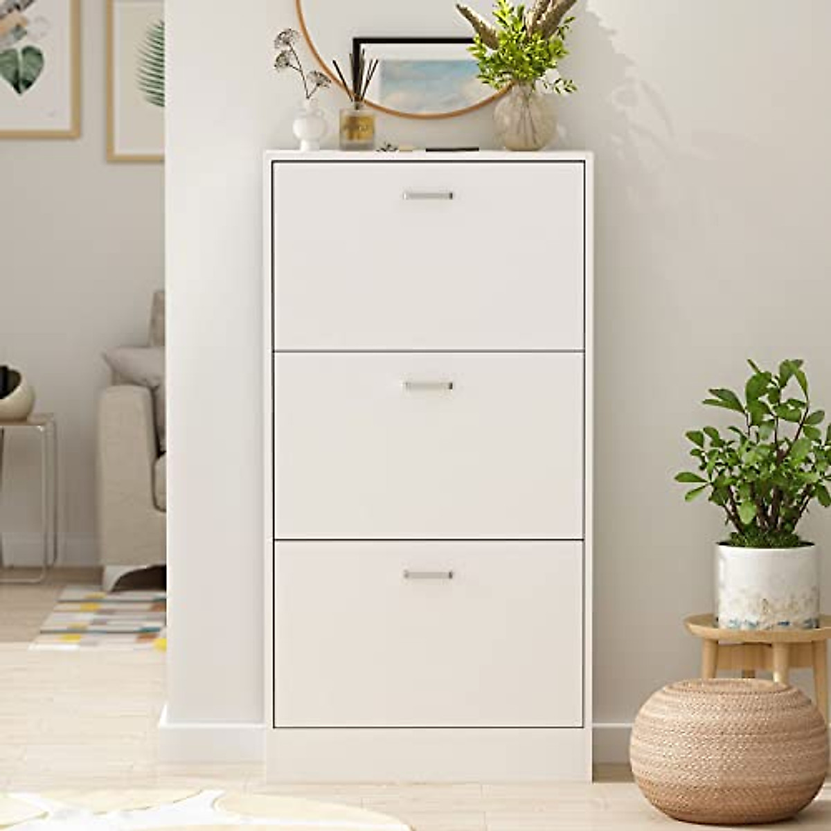 DiDuGo Tiny Shoe Cabinet with 3 Flip Drawers, Shoe Storage Cabinet for Entryway White (22.4”W x 9.4”D x 42.3”H)