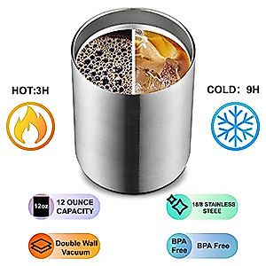 MEWAY 12oz/8Pack Coffee Mug With Lid, Insulated Stainless Steel Reusable Coffee Cup, Double Wall Durable Coffee Mug, Powder Coate，For Coffee, Beer, Home, Office(Silver,8 Pack)