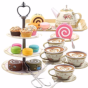 Tea Set for Little Girls Toys for 3-5 Years Old Girls Pretend Play Kids Tea Party Set with Cake Stand, Desserts Fun Princess Tea Time with Dolls, Barbies Birthday Gift for Girls Toys Age 3+ Year Old