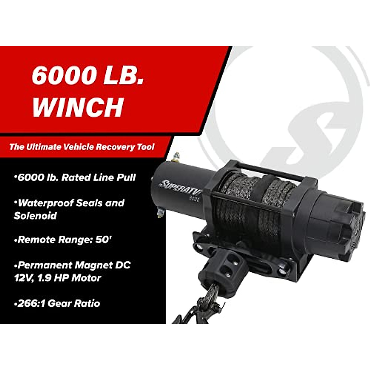 SuperATV Black Ops 6000 LB Winch Kit for UTV/ATV | Includes 50' Synthetic Rope | Permanent Magnet DC 12V, 1.9 HP Motor and More!