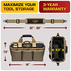 The Ryker Bag 14 Inch Tool Bag Organizer Small Tool Bag Heavy Duty Tool Bags for Men/Women. Wide Mouth electrician tool bag small 22Pockets Toolbag soft tool bag mechanic tool bag &plumbing tool bag