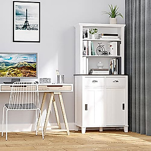 HOMCOM 67" Freestanding Buffet with Hutch, Kitchen Pantry Storage Cabinet with Sliding Doors, Drawers and Open Shelves, Adjustable Shelving, White