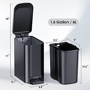CEROELDA Small Bathroom Trash Can with Plastic Lid, 6L/1.6 Gal Stainless Steel Slim Garbage Can-Metal Wastebasket-Rectangle Pedal Step Trash Bin -for Kitchen Bedroom Office Toilet-Black