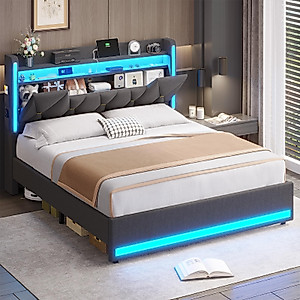 BYSAUD King Size Storage Bed Frame with Hidden Space and 2-Tier Shelves,King Bed Frame with Heaboard,King Size Bed Frame with LED Lights,Charging Station,No Box Spring Needed,Dark Gray,Linen Cloth