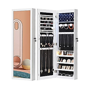 Nicetree 6 LEDs Mirror Jewelry Cabinet with 3 Improvements, 4.2" D Lockable Mirror with Jewelry Storage, Door/Wall Mounted Jewelry Organizer Mirror, Larger Capacity, White
