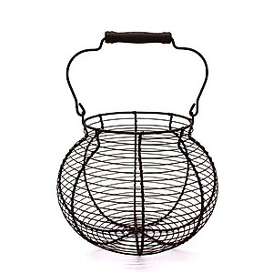 CVHOMEDECO. Antique Wire Egg Basket with Wood Handle Primitives Vintage Gathering Basket. Rusty