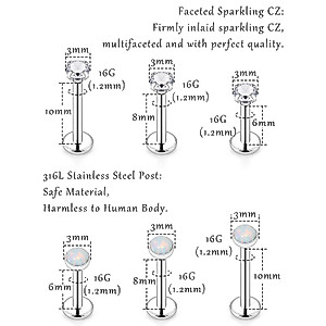 Ovxznts 18Pcs Assorted Length 16G Lip Rings for Women Men Surgical Steel Medusa Piercing Jewelry Labret Studs CZ Diamond Opal Tragus Forward Helix Earrings Retainer Silver-tone