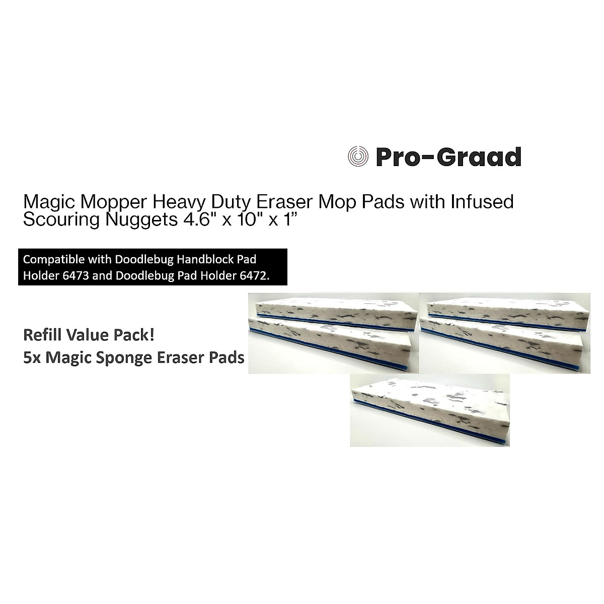 Magic Mopper 4.5" x 10" Heavy Duty Mop Floor Cleaning Eraser Pads Infused with Scouring Nuggets 10x Durability Commercial Grade Floor Baseboard Walls, Compare to Magic Eraser – Doodlebug Pad, 5 Pack