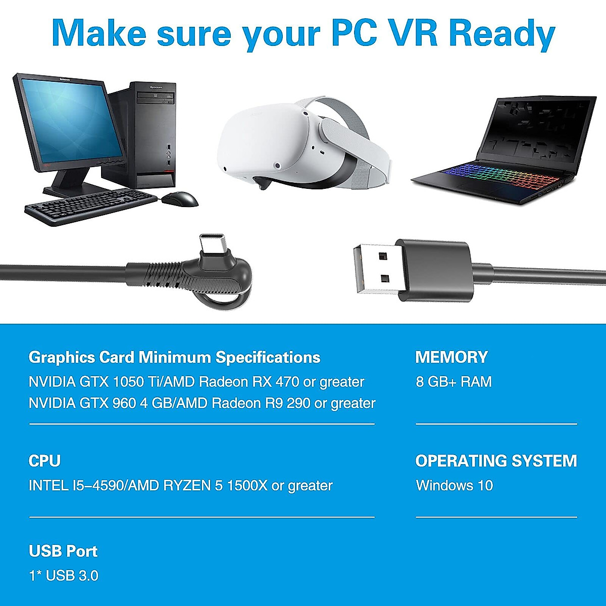 COSOOS 16.4ft/5m Long Link Cable for Quest 3/2/Pro/1, Pico4, VR Headset & Gaming PC, Fast Charging & Computer Data Transfer 90 Degree Type C to A USB 3.2 Gen1 Cable