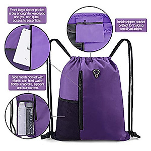 BeeGreen Drawstring Backpack Bag with Water Bottle Pocket &Two Zippered Pocket Large Cinch Sackpack for Unisex Dark Violet