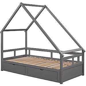 STP-Y Extending Daybed with Trundle Bed and Two Storage Drawers, Twin Size/King Size Solid Wood Daybed Frame, Wooden House Daybed for Teens Girls Boys, No Box Spring Needed, Easy Assembly, Grey