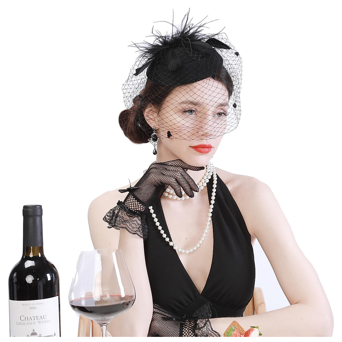 Diwlolido Fascinators Hats Pillbox Hat Cocktail Tea Party Feather Hair Clip Wedding Headwear with Veil for Women and Girls (Feather Black Set)