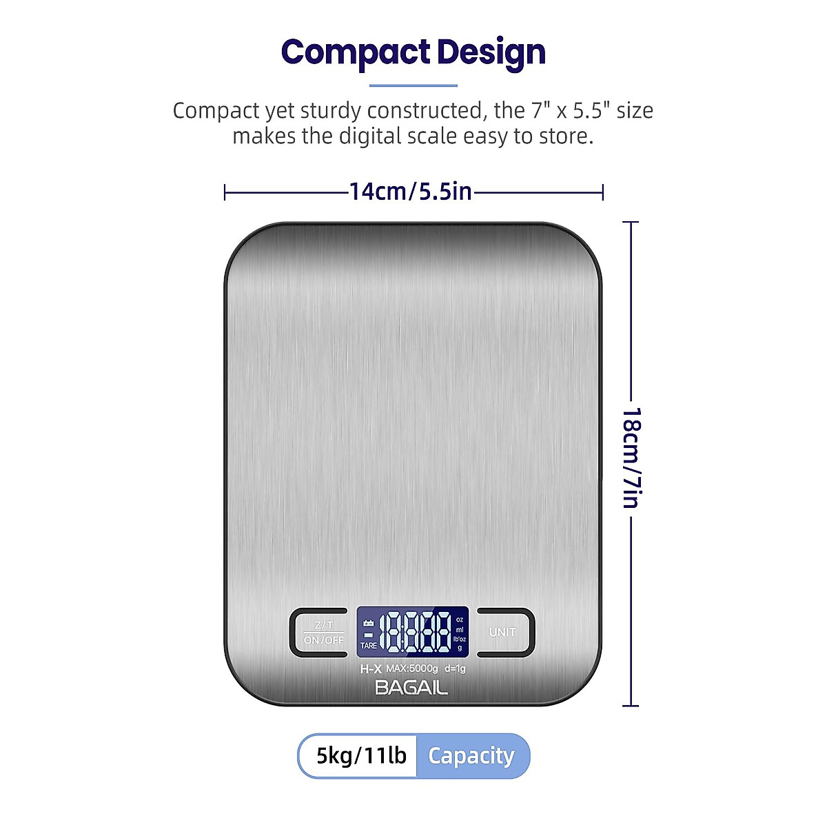 BAGAIL Digital Kitchen Scale, Premium Stainless Steel Food Scales Weight Grams and Oz for Baking and Cooking,11lb/5kg with 0.1oz/1g Precision