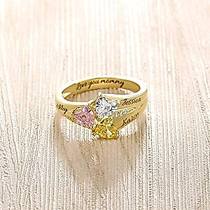Mothers Ring Sterling Silver with 3 Birthstones & Names Personalized Women Band Custom Three Heart Shaped Stones Children Names White Gold Plated Gift for Mothers Day from Son Daughter