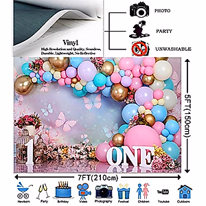 Pink Gold Balloon Girl First Birthday Party Backdrops Sweet One Wonderland Flowers Butterfly Photography Background Birdcage Princess Birthday Decorations Newborn Baby Shower Cake Smash Banner 7x5ft…