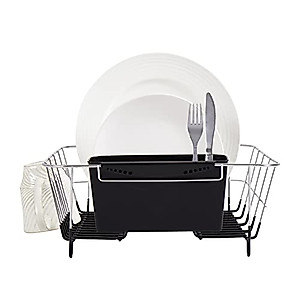Sweet Home Collection 2 Piece Dish Drying Rack Set Drainer with Utensil Holder Simple Easy to Use Fits in Most Sinks, 14.5" x 13" x 5.25", Black