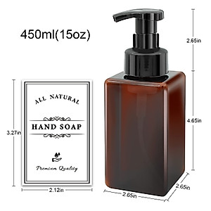 Foaming Soap Dispenser, 2 Pack Plastic Refillable Foaming Hand Soap Dispenser with 10 Pcs Waterproof Labels, 450ml (15oz) Foam Pump Bottle for Bathroom and Kitchen (Amber)