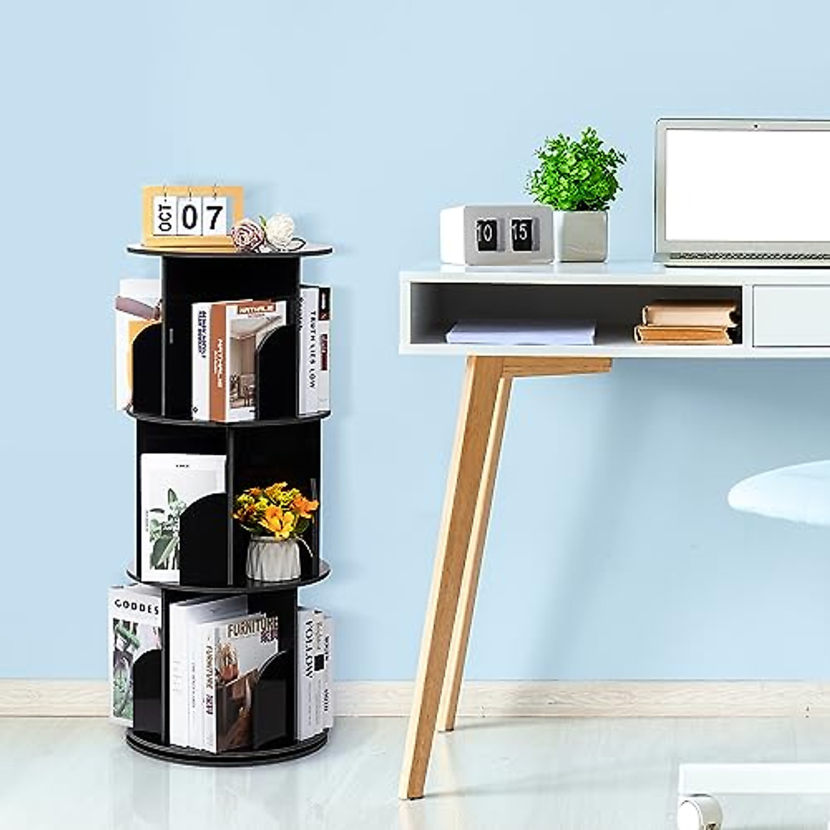 DOEWORKS 3 Tier 360 Heavy Duty Rotation Display Bookcase, Rotating Stackable Bookshelf Organizer Storage Display Rack for Home Office, Black