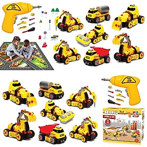 14-in-1 Take Apart Construction Toys 155pcs DIY Engineering Playset, 2 Electric Drills, Play Mat and Road Signs, Push & Go STEM Learning Bundle w/Lights, Sounds for Early Education, Boys and Girls 4+