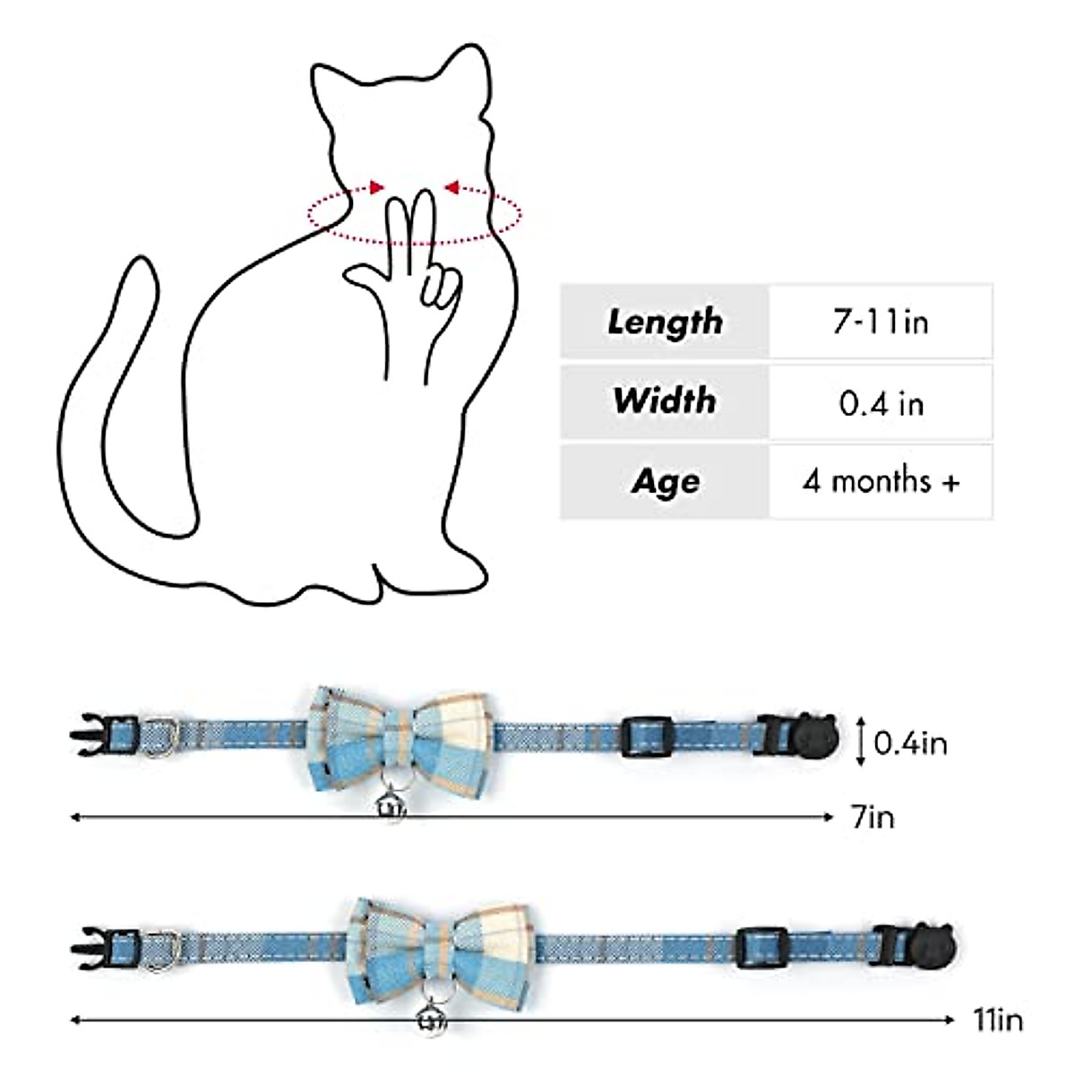 Breakaway Cat Collar with Cute Bow Tie and Bell, BuntyJoy Cat Collars for Girl Cats and Boy Cats, Safety Kitten Collars, Stylish Plaid Patterns, Light Blue, Pack of 1